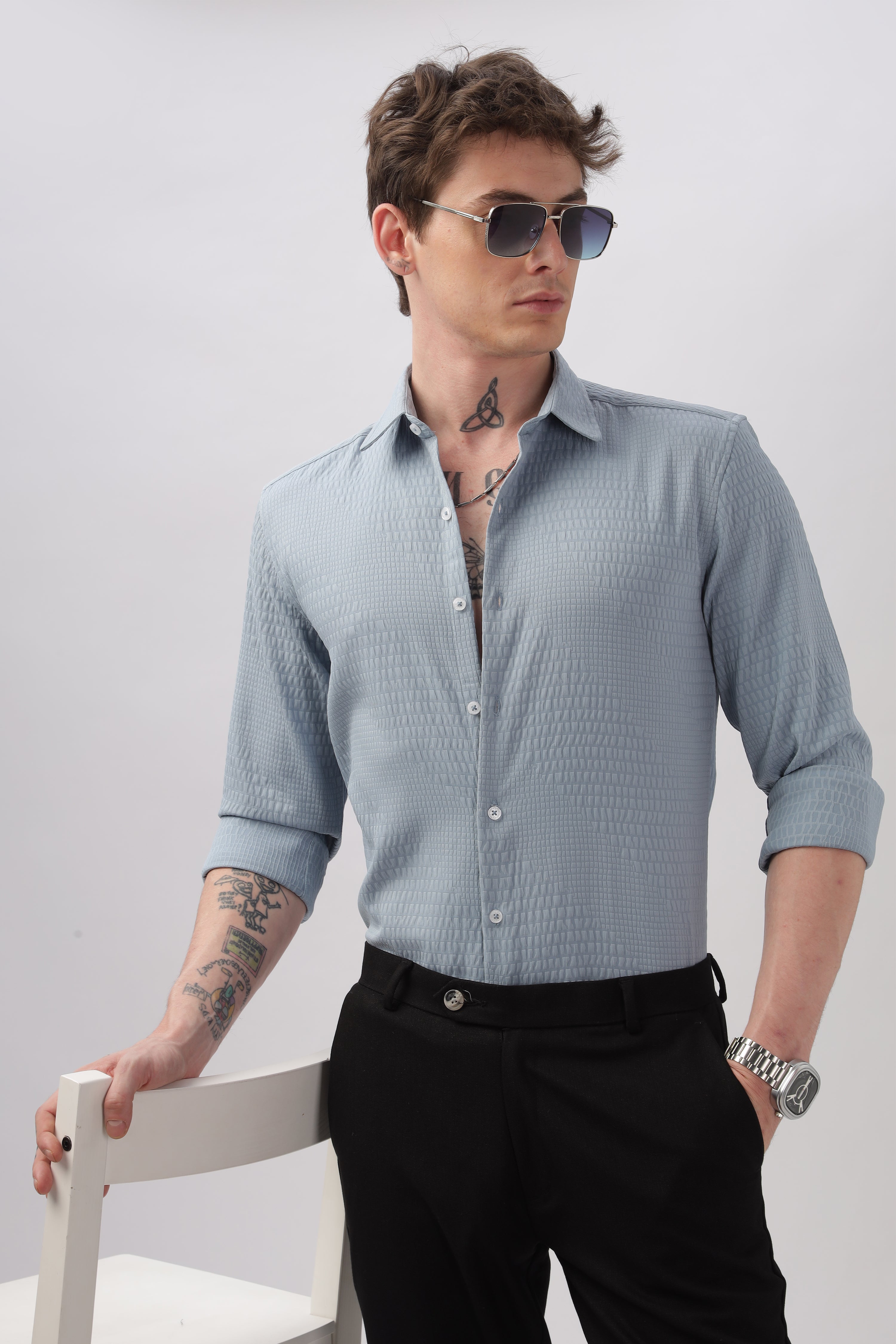 Faux Alligator Print Light Blue Textured Shirt – Ilyzly